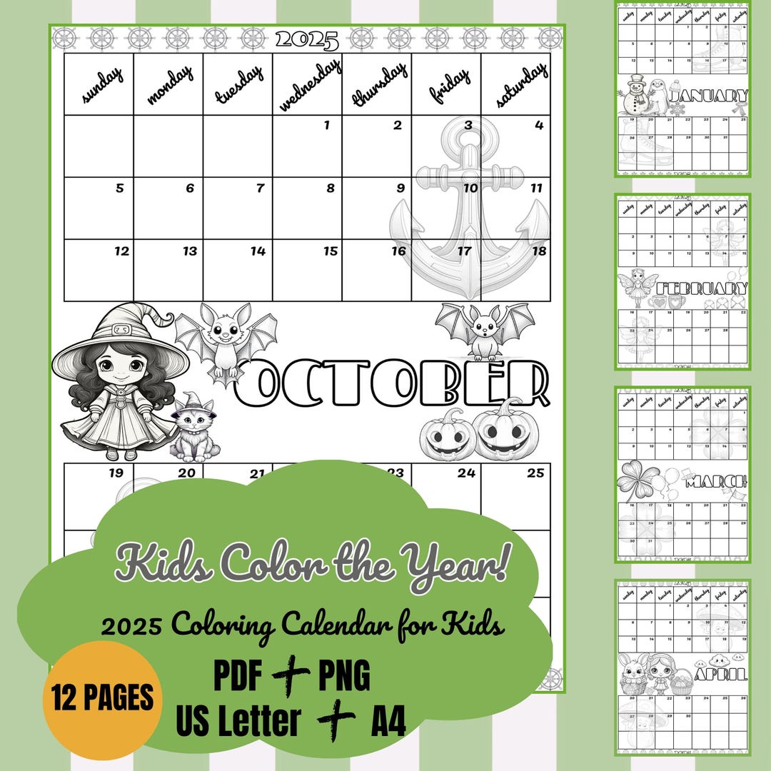2025 Kids Coloring Calendar Chart, Yearly Planner for Kids, Doodle ...