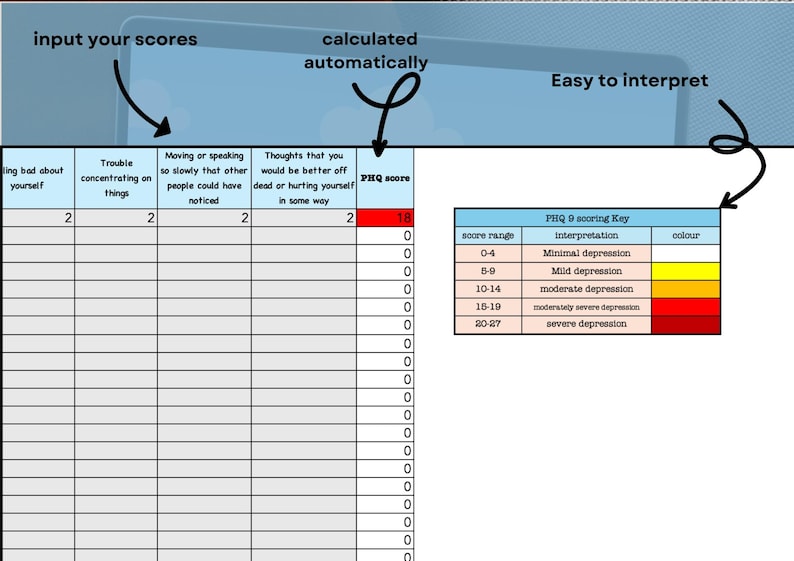 PHQ-9 Scoring Tool: Automated Excel Template for Therapists - Etsy