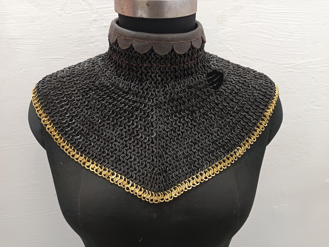 6 Mm Flat Ring Riveted Chain Mail Collar, Medieval Chainmail Gorget With Brass Rings Black ...