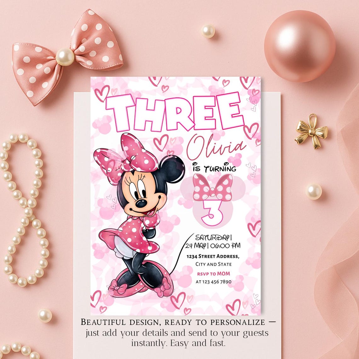 Editable Minnie Mouse 3rd Birthday Invitation: Canva Template (digital ...