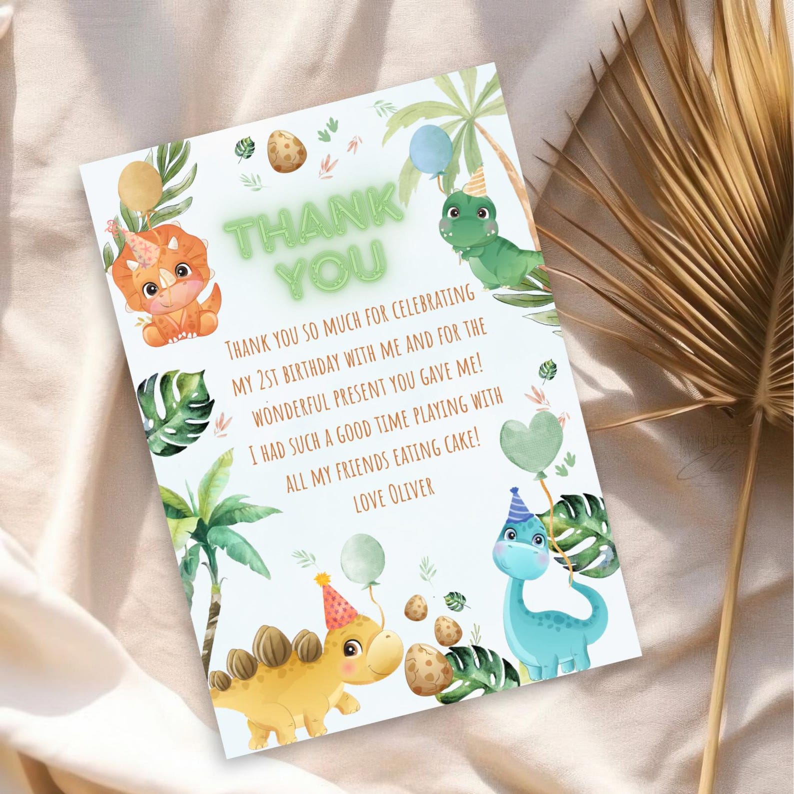 Dinosaur 1st Birthday Thank You Card Template (digital Download) - Etsy
