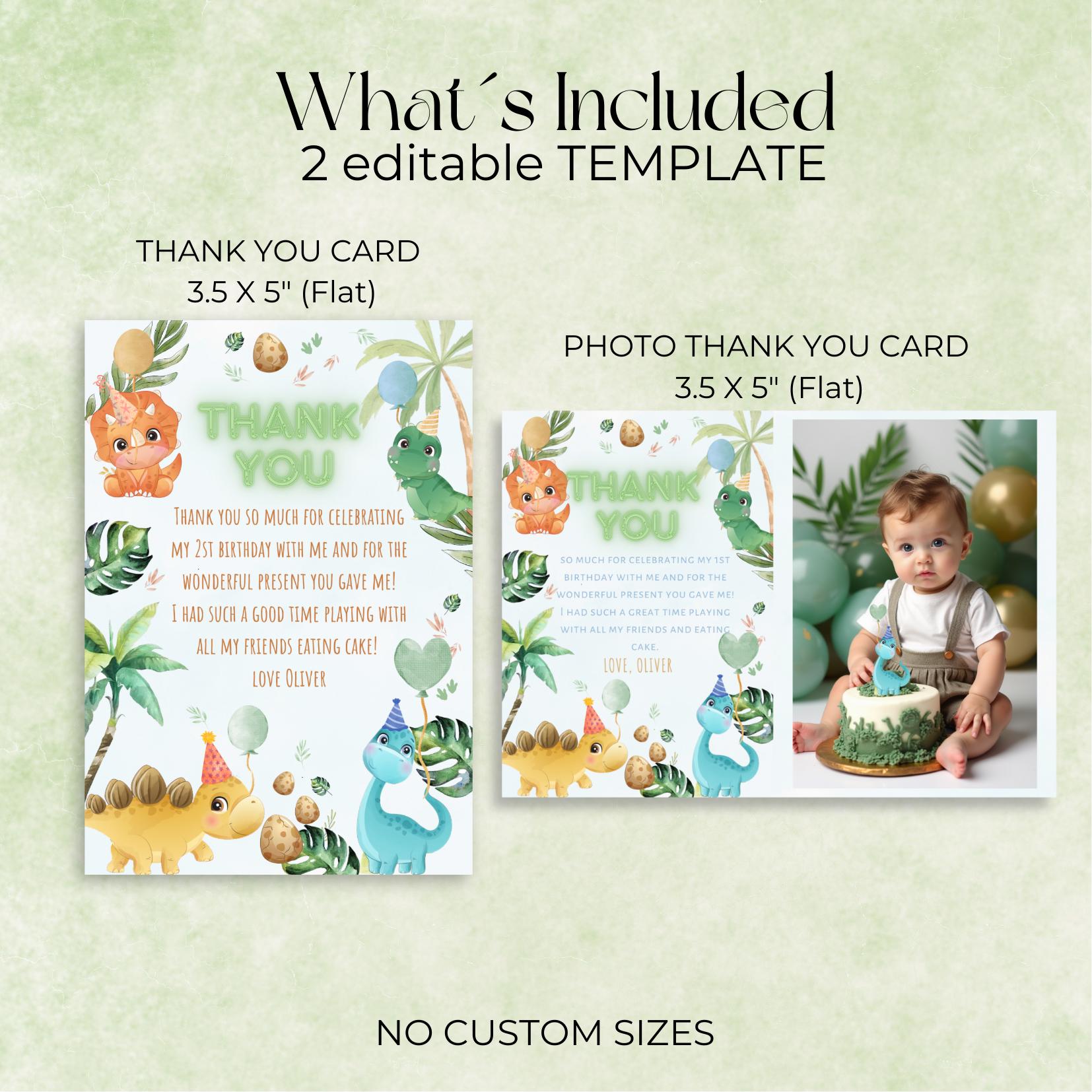 Dinosaur 1st Birthday Thank You Card Template (digital Download) - Etsy