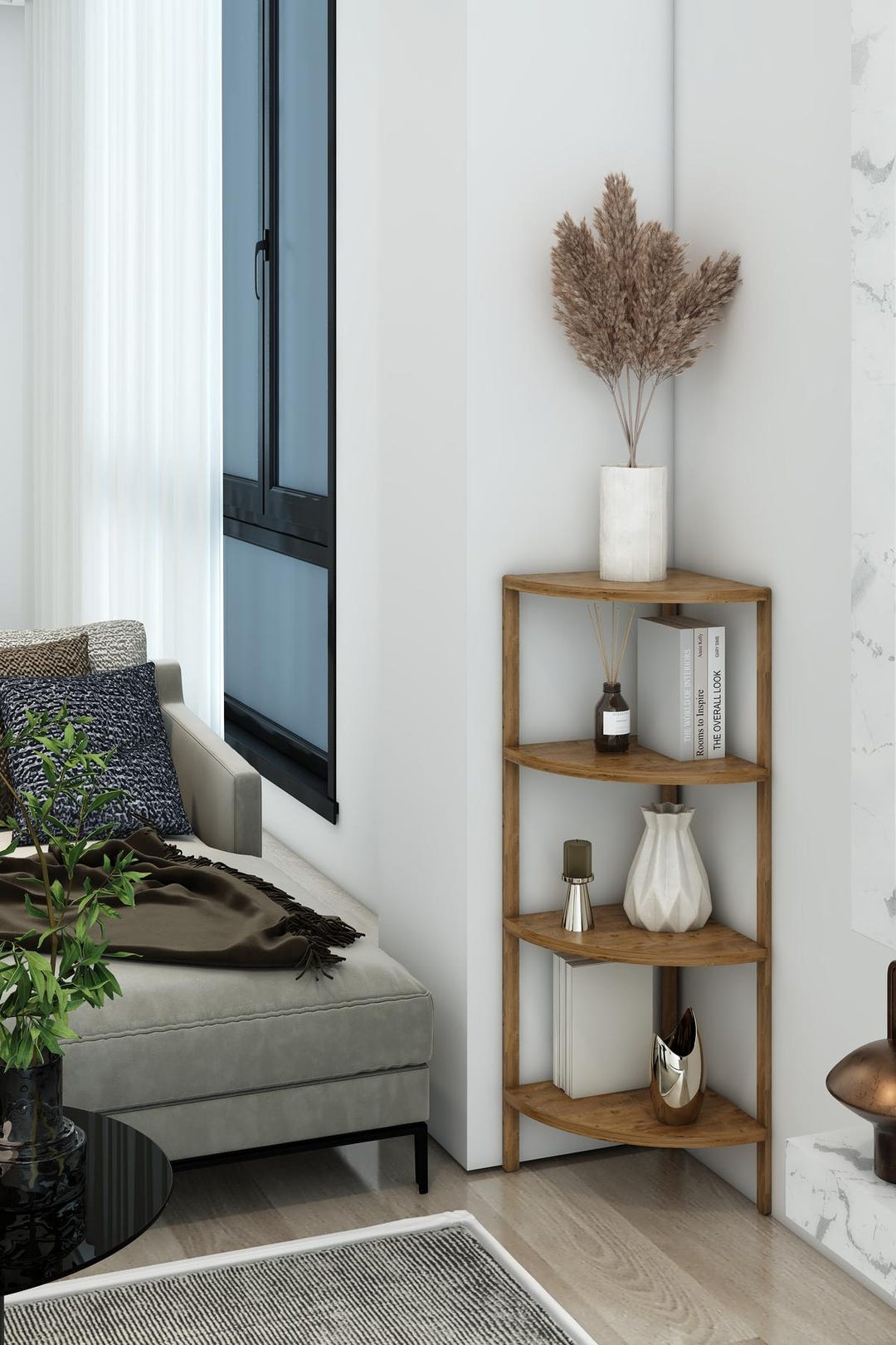 4-tier Triangle Wooden Shelf Unit | Corner Storage Shelf for Bathroom ...