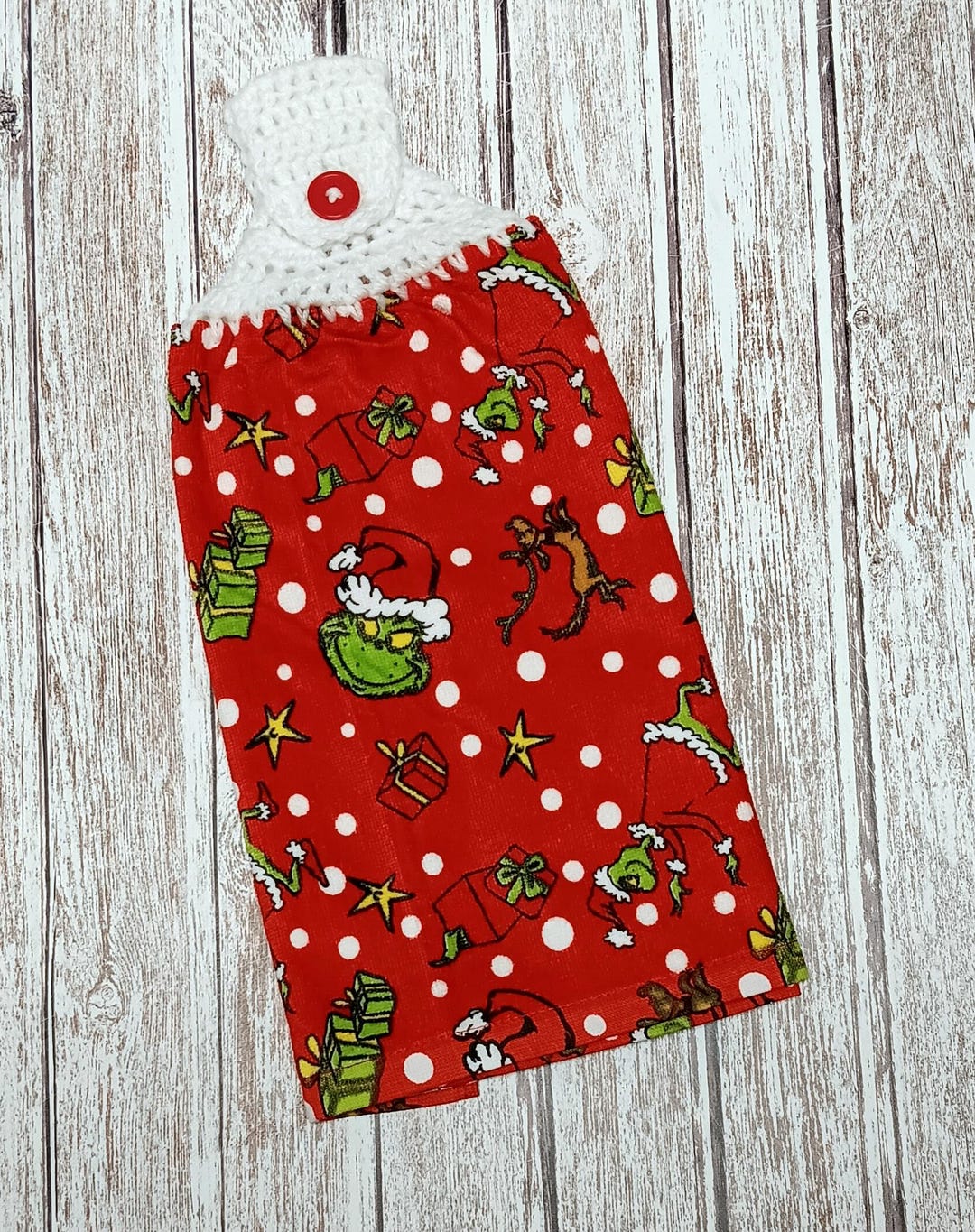 Hanging Kitchen Dish Towel Crochet Top With Button Double Thick GRINCH ...