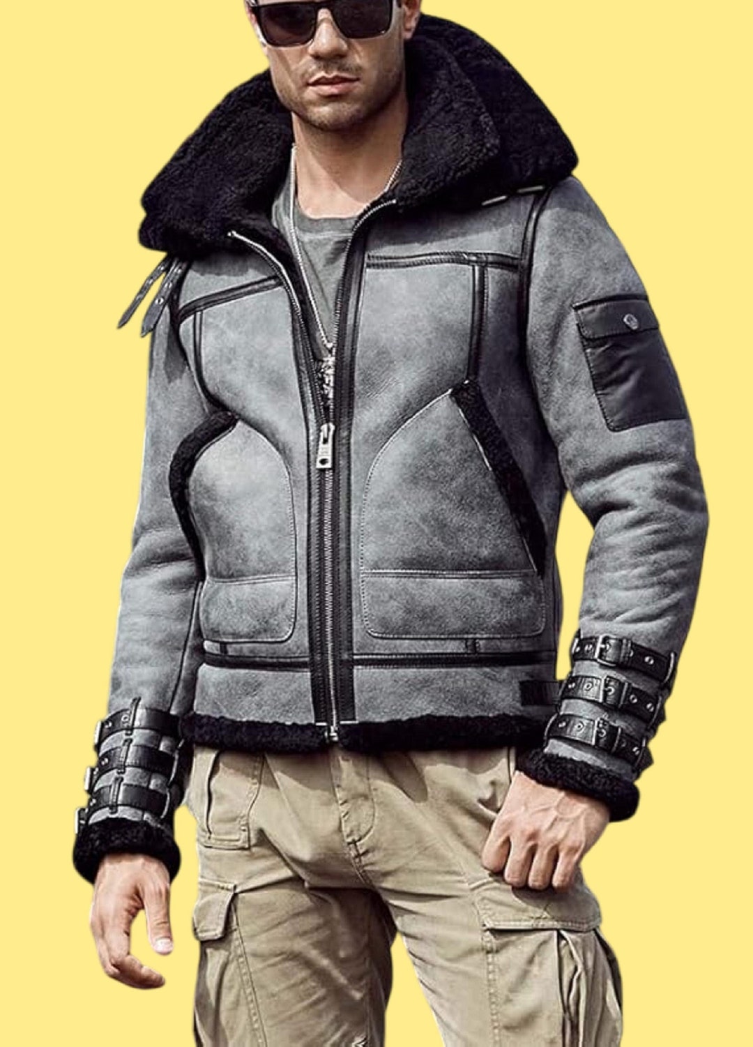 Handmade Mens Shearling Sheepskin Double Collar Leather Jacket Men B3 ...