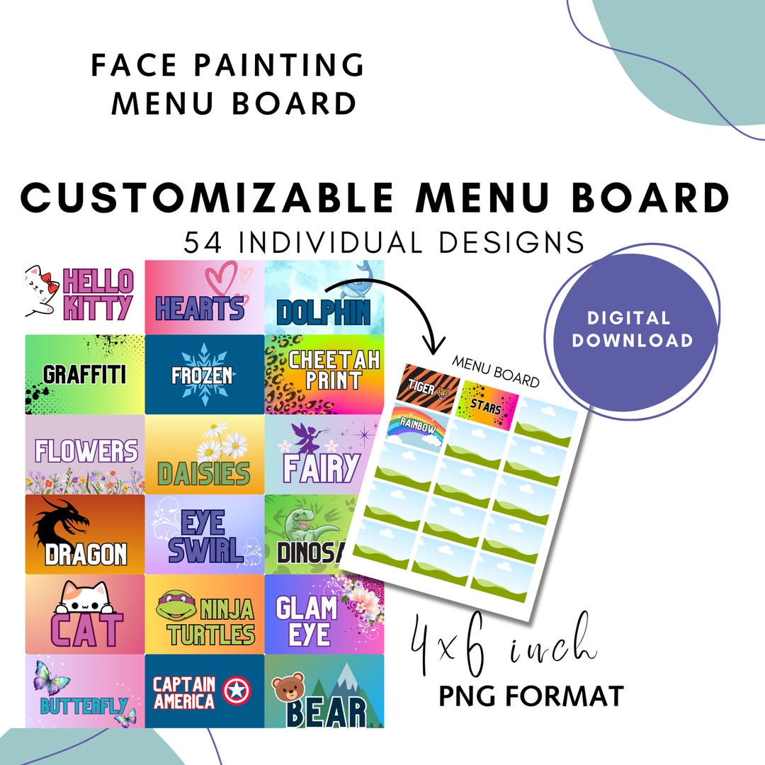 Face Painting Menu Board Word Board 4x6 PNG Designs Face Painting ...