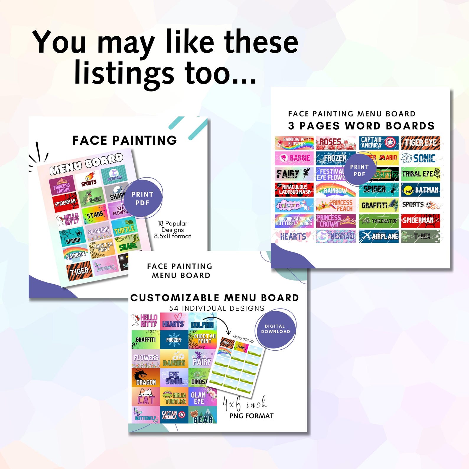 Printable Face Painting Menu Board Word Board Sign for Face Painters ...