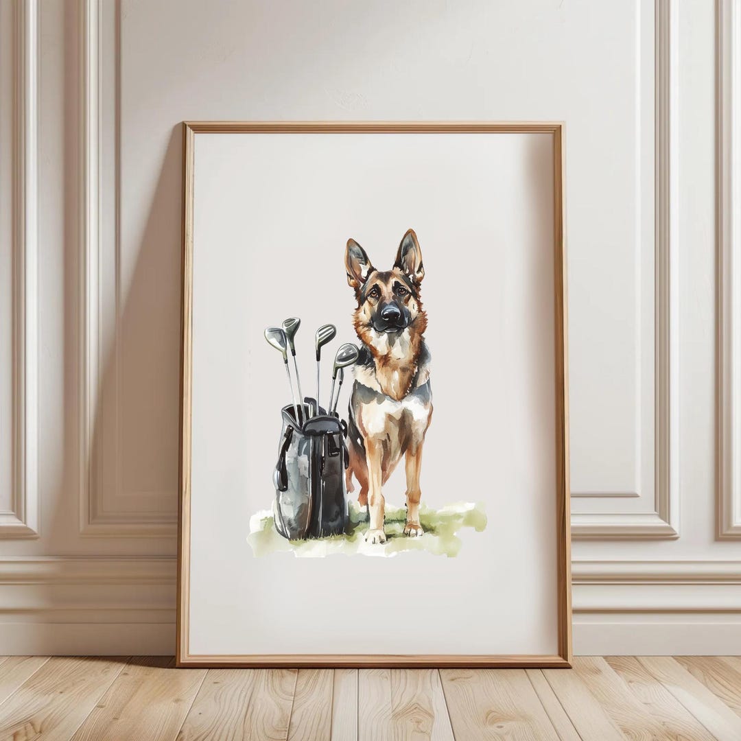 German Shepherd Golf Poster: Humorous Dog Playing Golf Art, Modern ...
