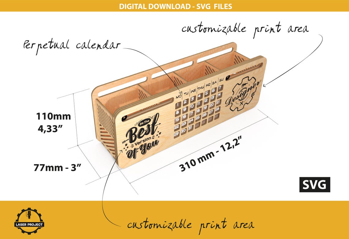 CNC Desk Organizer With Perpetual Calendar: Laser Cut SVG File - Etsy