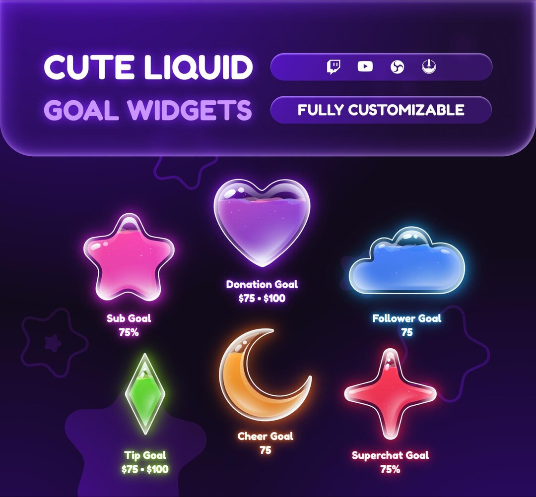 Twitch Liquid Kawaii Goal Widget, Animated Moon Star Heart Crystal ...