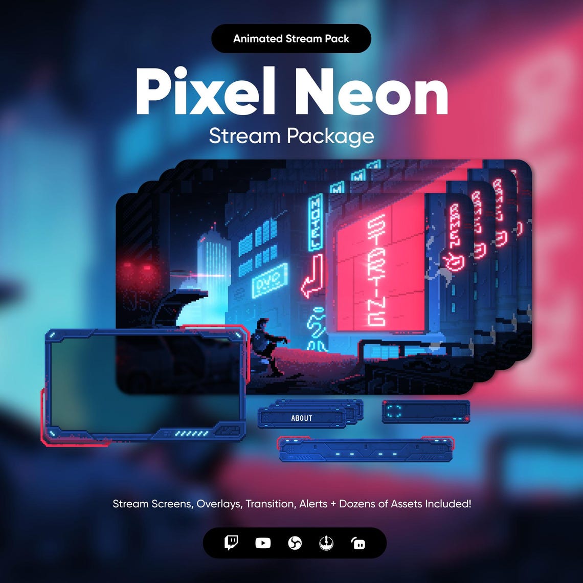 Pixel Neon Twitch Overlays Pack (ANIMATED) for OBS Studio & Streamlabs ...