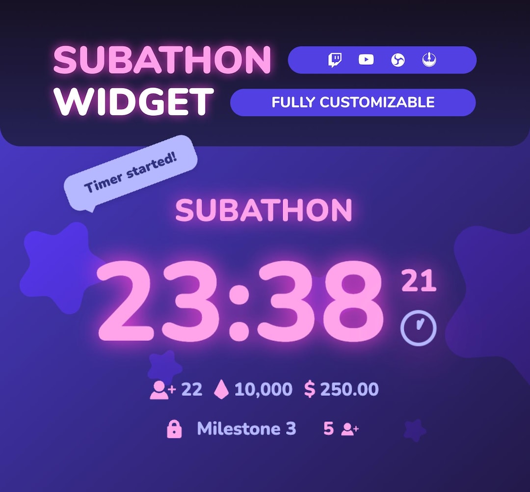 Subathon Timer Widget • up to 20 Milestones • Megathon Countdown Timer ...