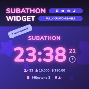 Subathon Timer Widget • up to 20 Milestones • Megathon Countdown Timer • Tips, Bits, Subs ...