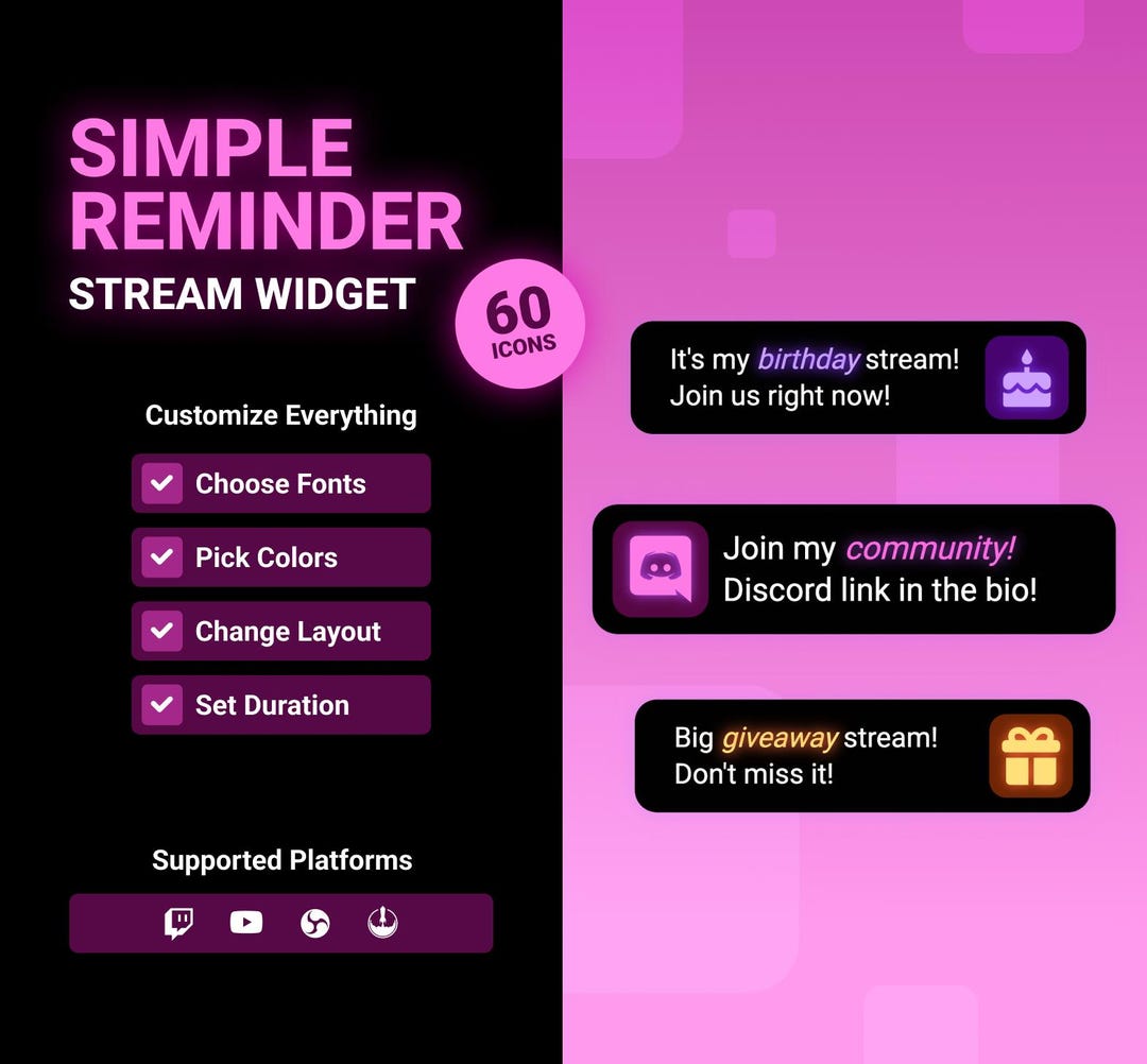 Twitch & Youtube Simple Reminder Widget • Neon Pop-up Alerts for ...