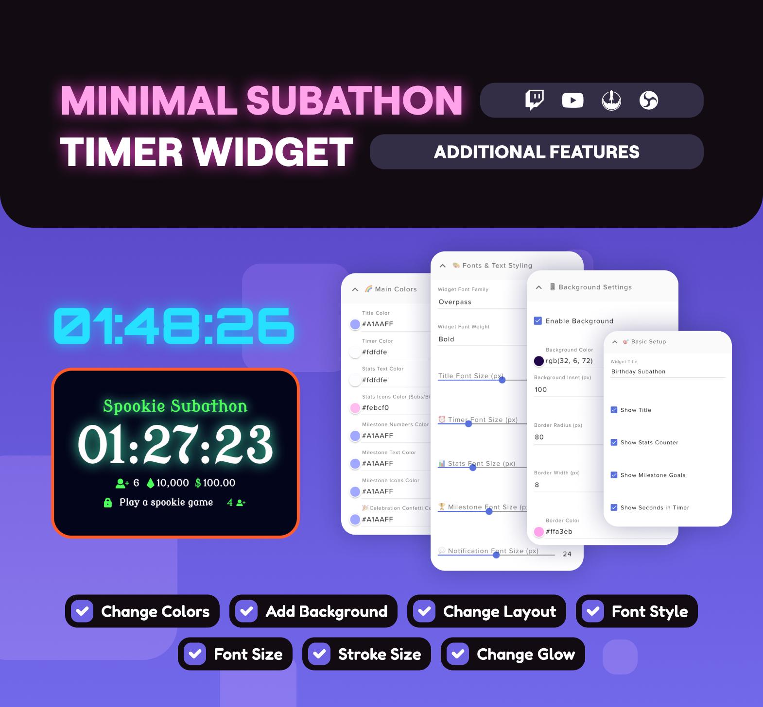 Twitch Minimal Subathon Timer Widget, Countdown for Subs Bits Tips ...