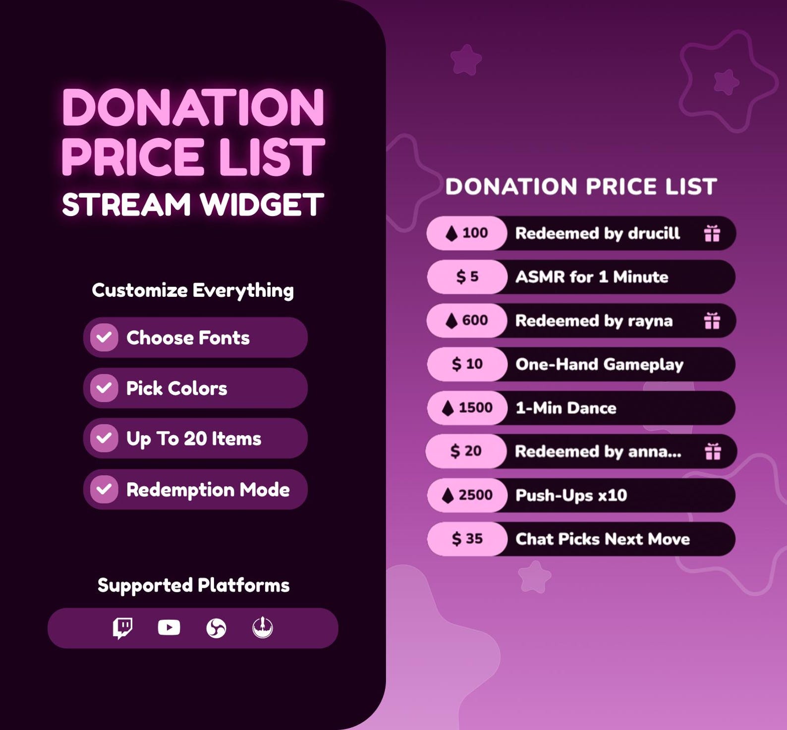 Twitch Donation Price List Widget • Tips & Bits Menu Overlay for OBS ...