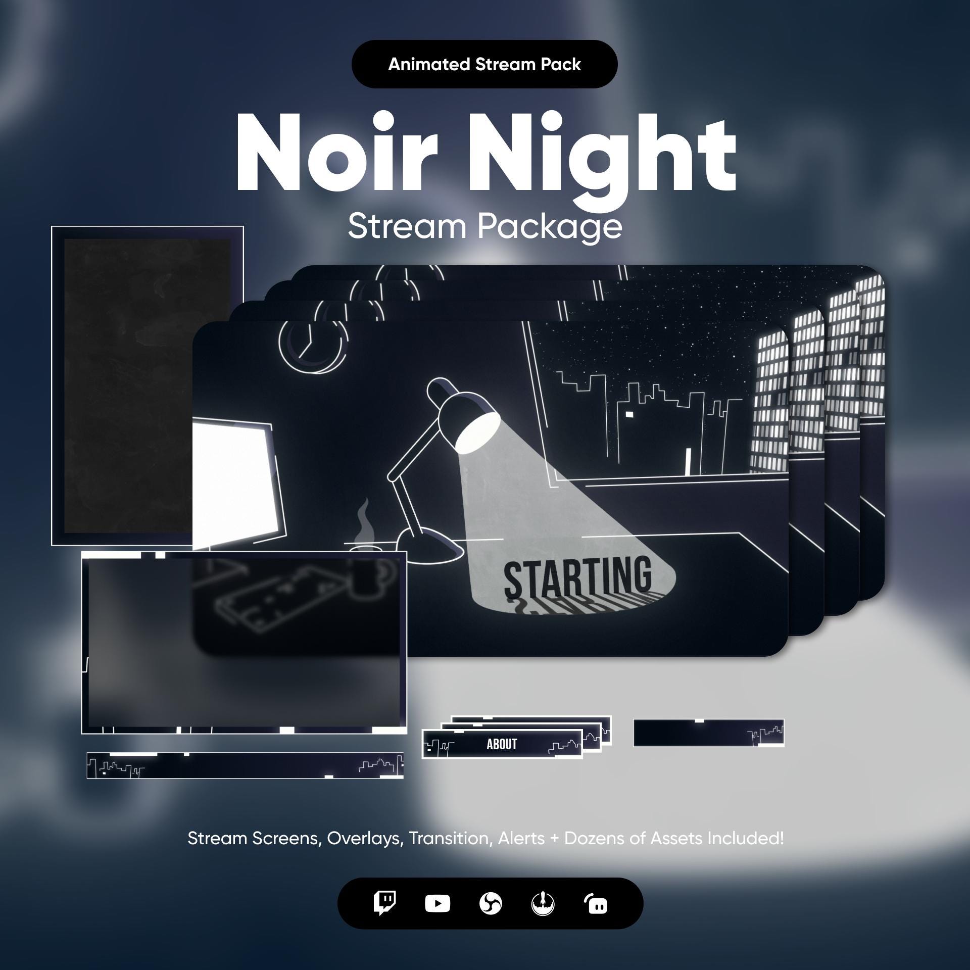 Paquete de superposiciones de Twitch Noir Night ANIMADAS para OBS Studio y Streamlabs - Etsy México