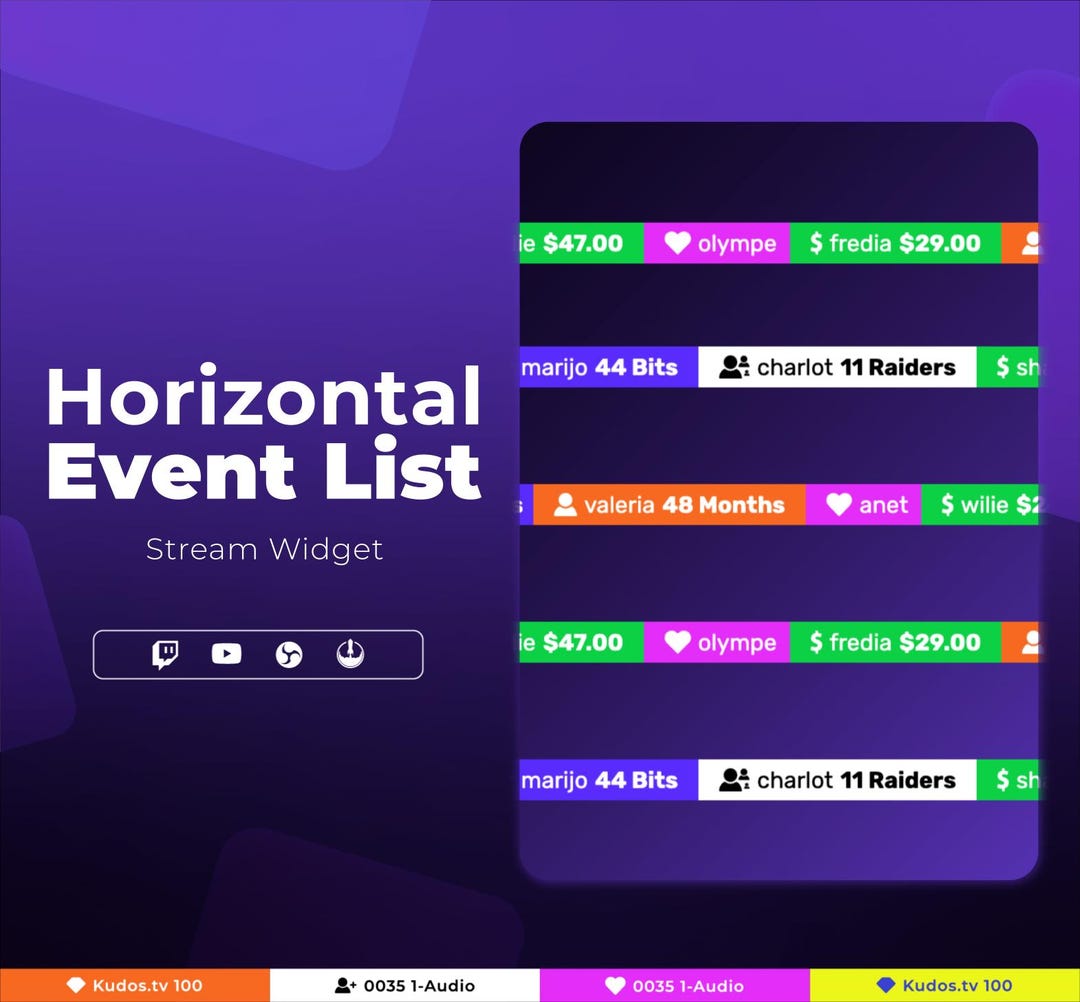 Horizontal Twitch Event Widget • Simple Minimal Event List for Twitch and Youtube Streamers ...