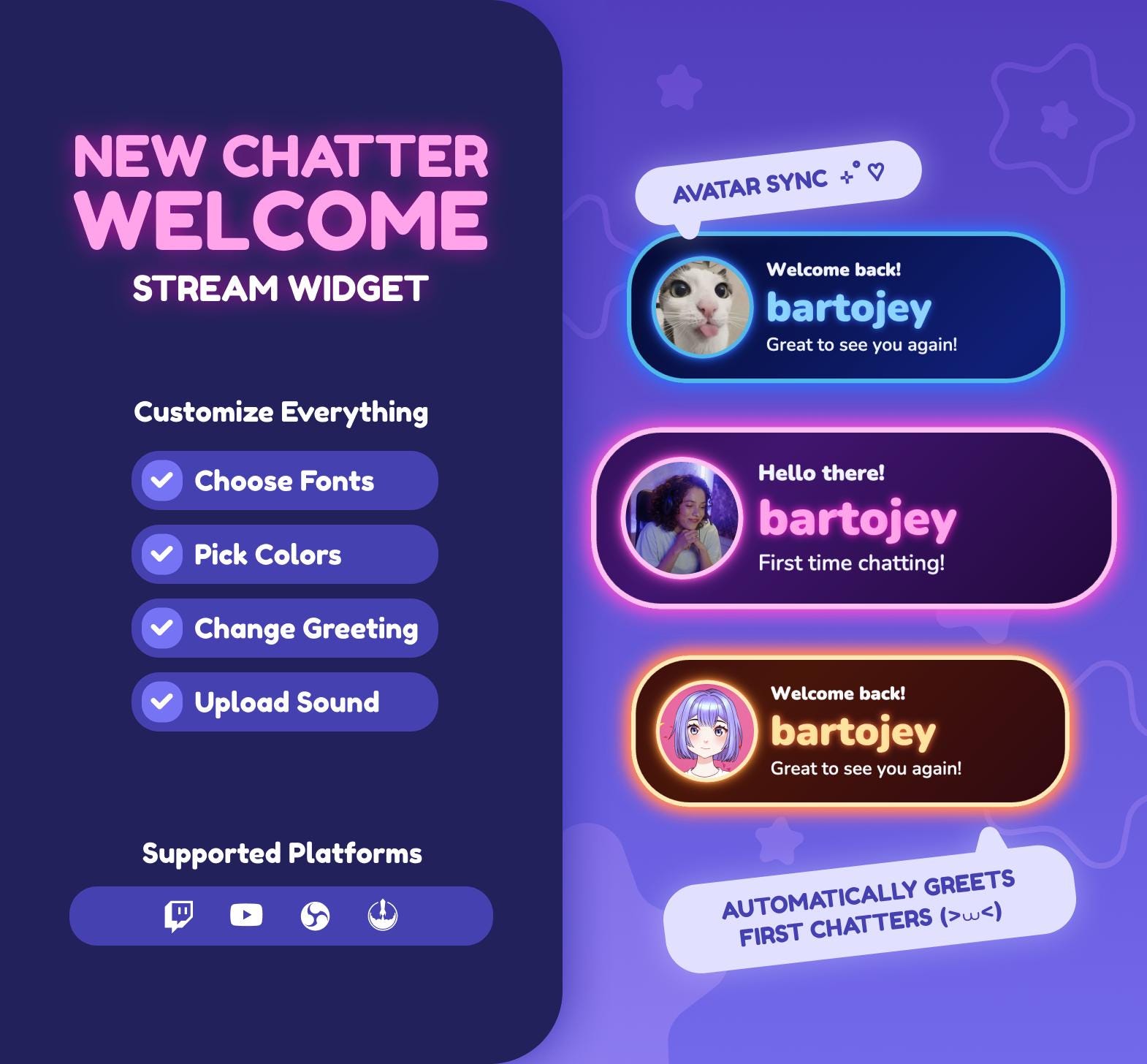 Twitch New Chatter Welcome Widget, Automatic New Viewer Alert Overlay ...