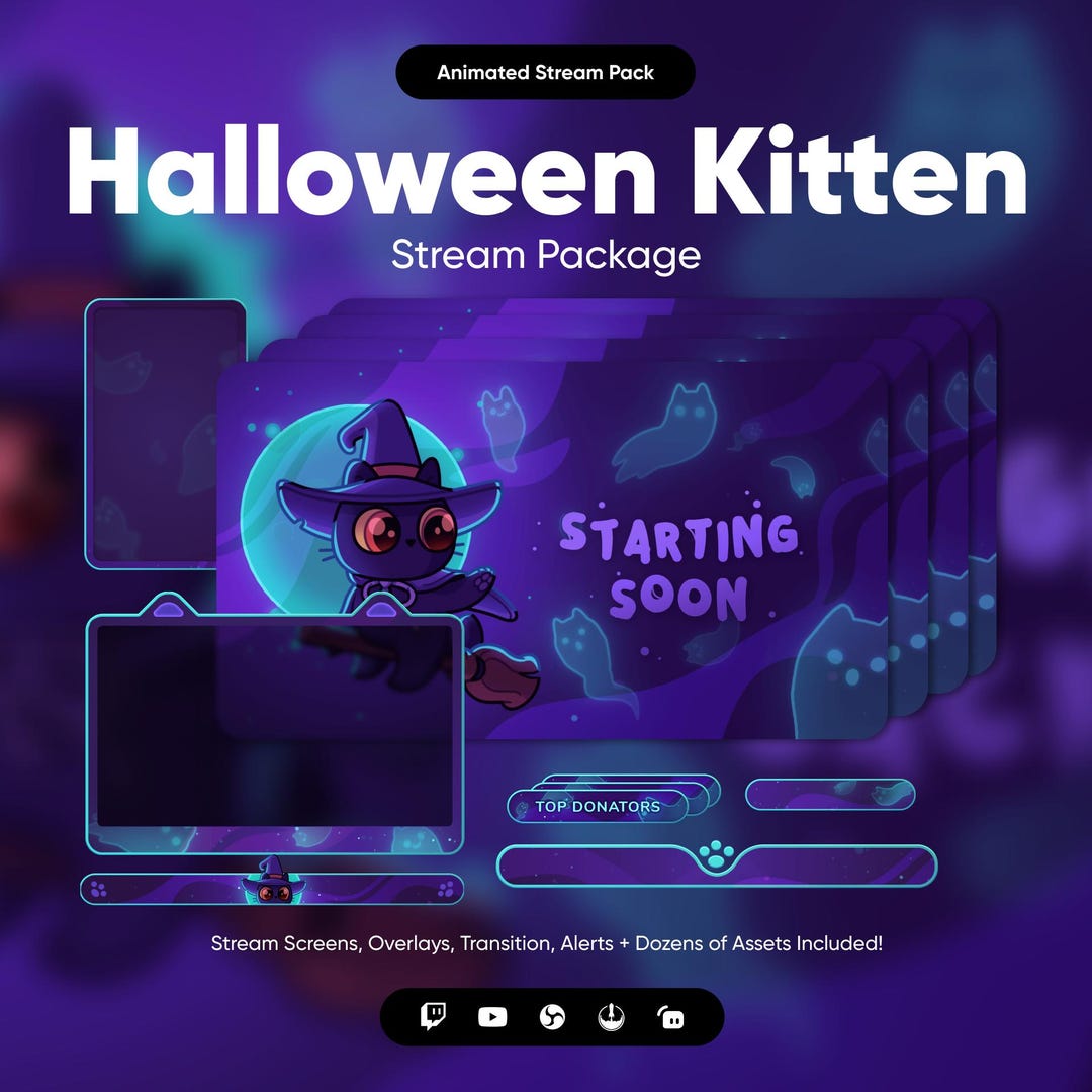 Halloween Kitten Twitch Overlays Pack · Spooky Stream Package · Halloween OBS Overlay ...