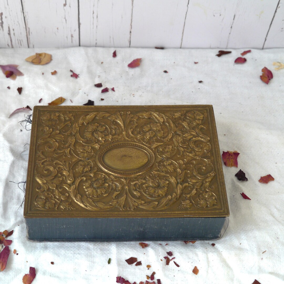 Antique Box With Embossed Brass Lid and Silk Lining - Etsy