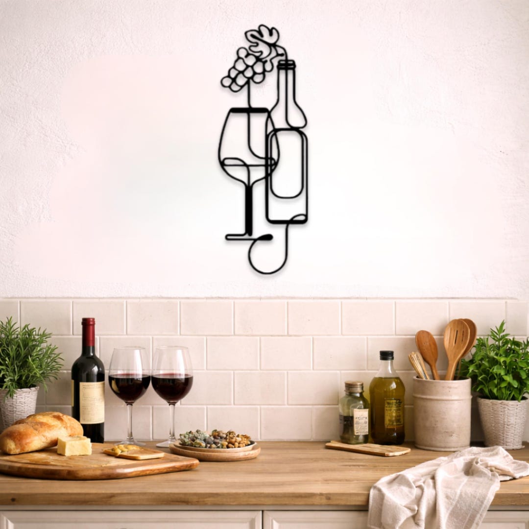 Wine Glass Bottle Metal Wall Art, Kitchen Bar Wine Decor, Modern Metal ...