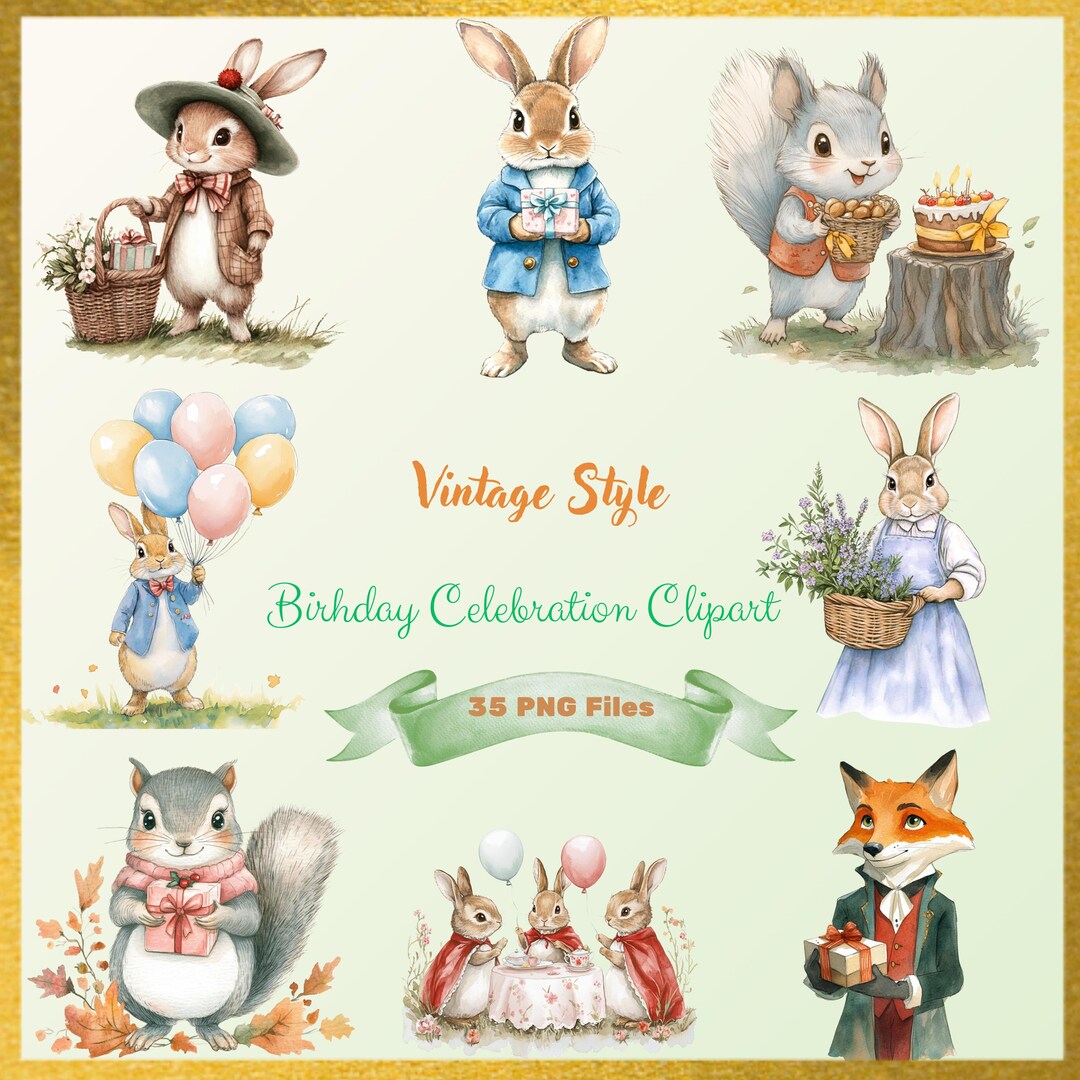 Birthday Party Clipart, Cute Animals, Cake Balloons Presents Clipart ...