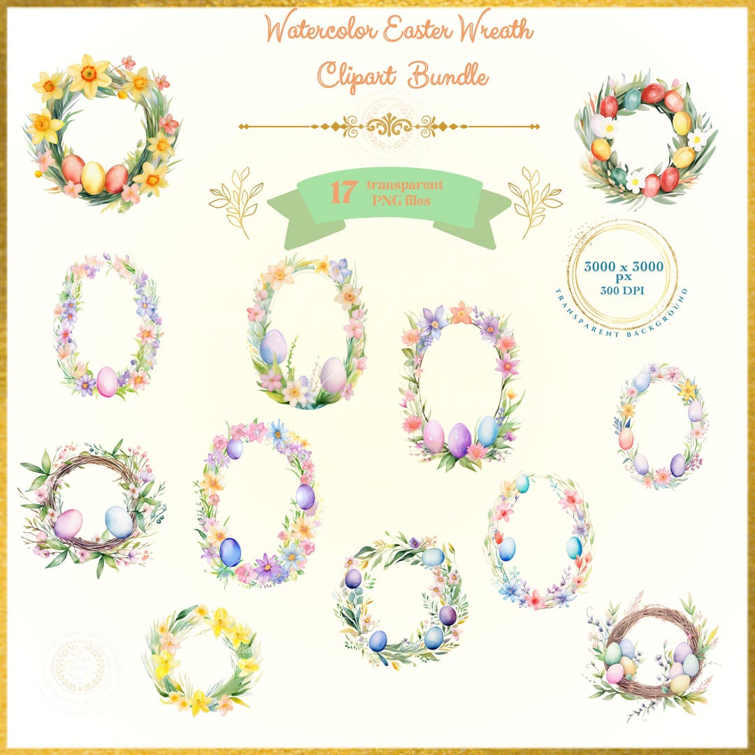 Watercolor Easter Wreath Clipart, Spring Floral PNG Bundle, Clipart ...