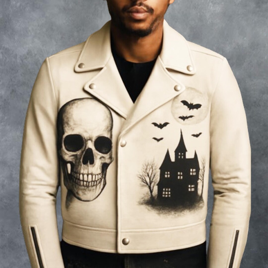 Handmade Halloween Leather Jacket With Spooky Skull and Haunted House ...