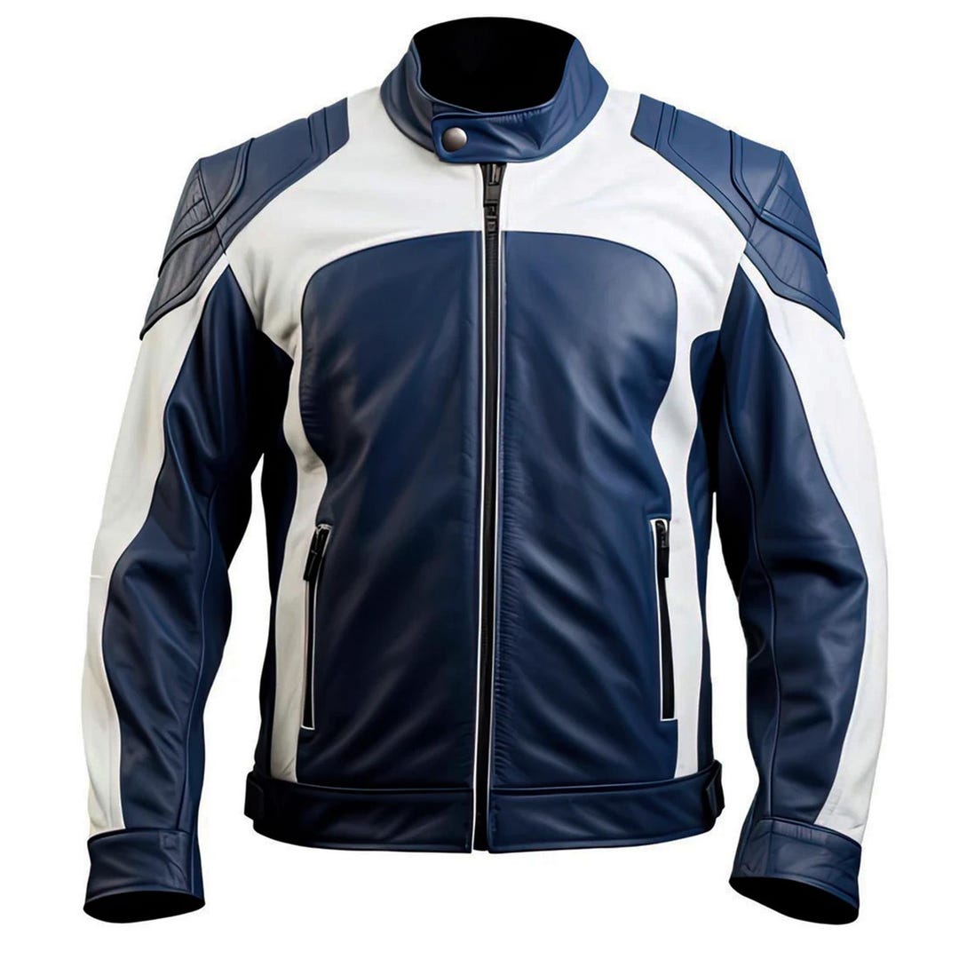 Stylish Navy Blue and White Men's Racing Leather Jacket Stand Collar ...