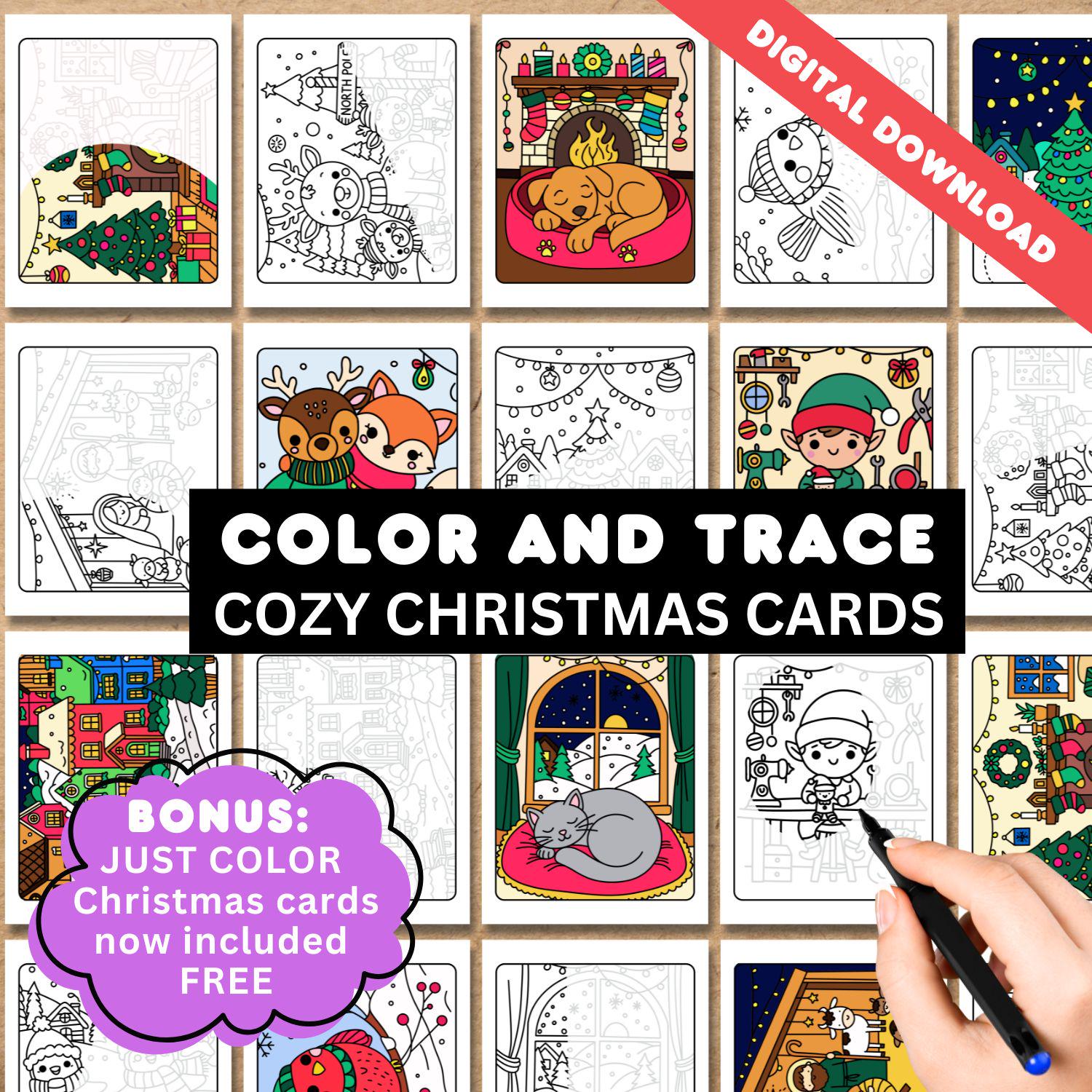 Printable Color and Trace Christmas Cards PDF Cozy Christmas Cards by ...