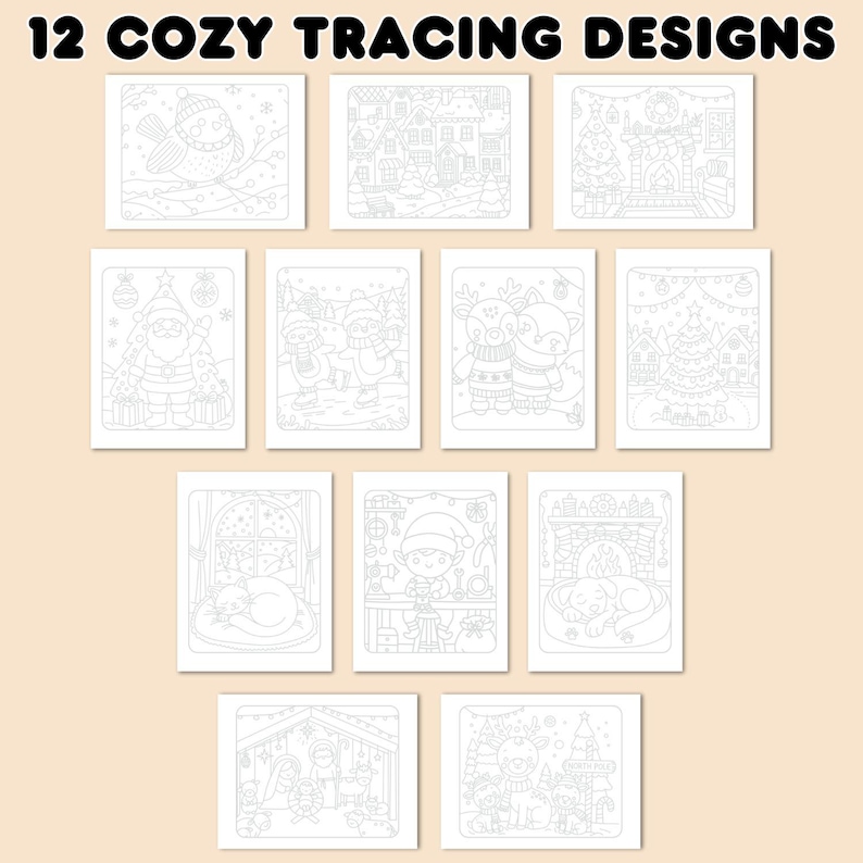 Printable Color and Trace Christmas Cards PDF Cozy Christmas Cards by ...