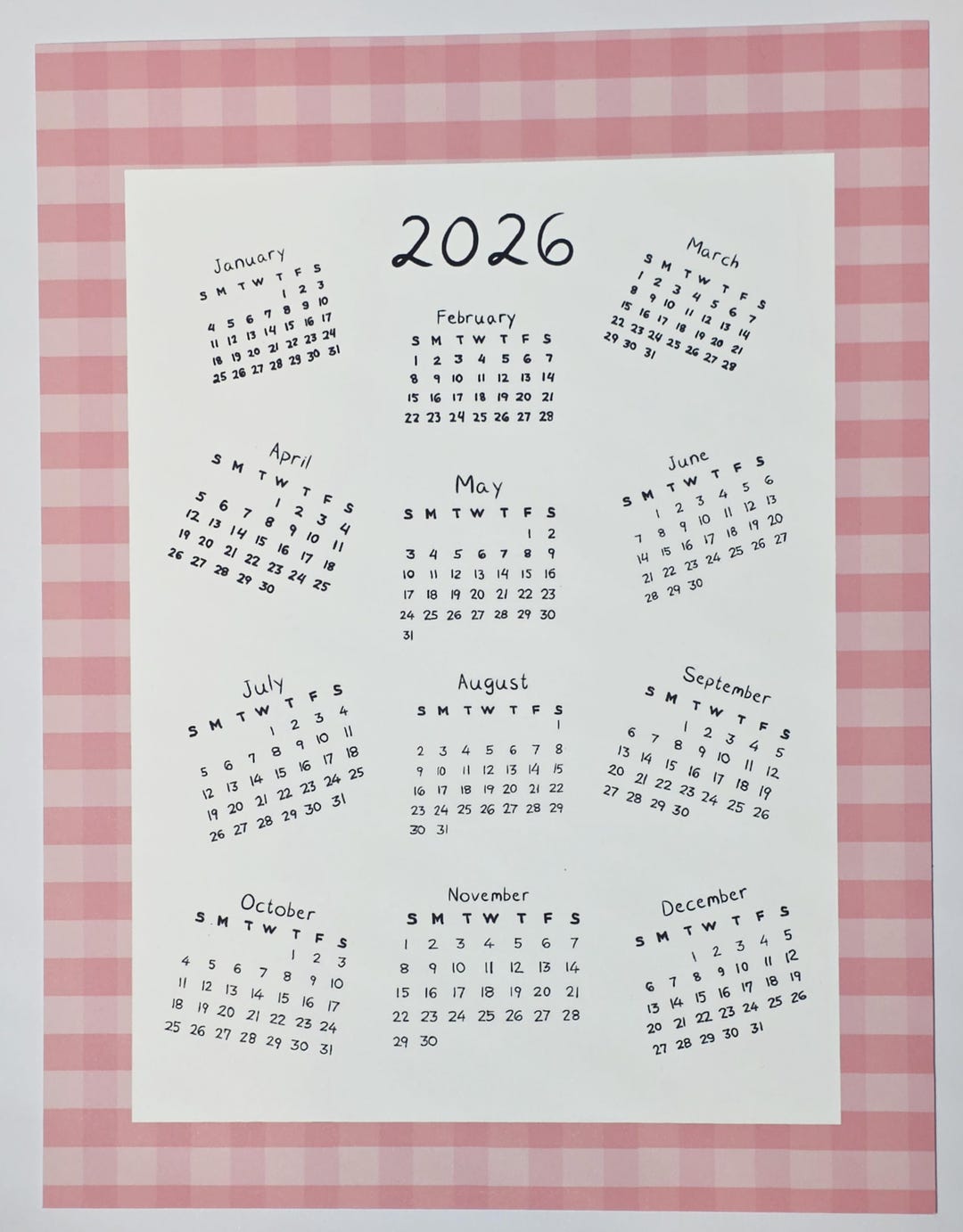 Printable Digital 2026 Calendar Pink Gingham - Etsy