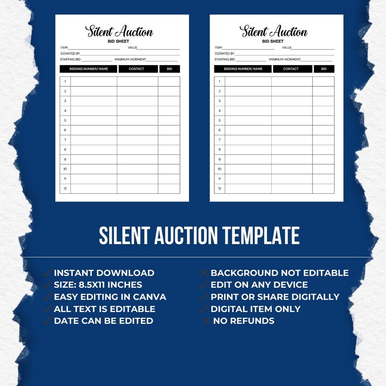 Editable Silent Auction Bid Sheet: Printable Fundraiser Template (US ...