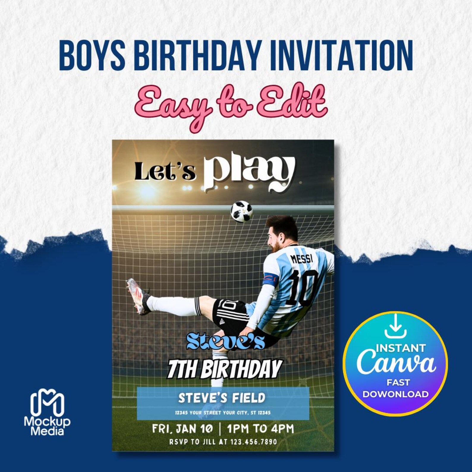 Messi Soccer Birthday Invitation: Editable Canva Template (digital ...
