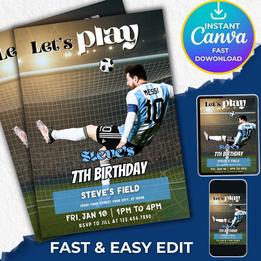 Messi Soccer Birthday Invitation: Editable Canva Template (digital ...