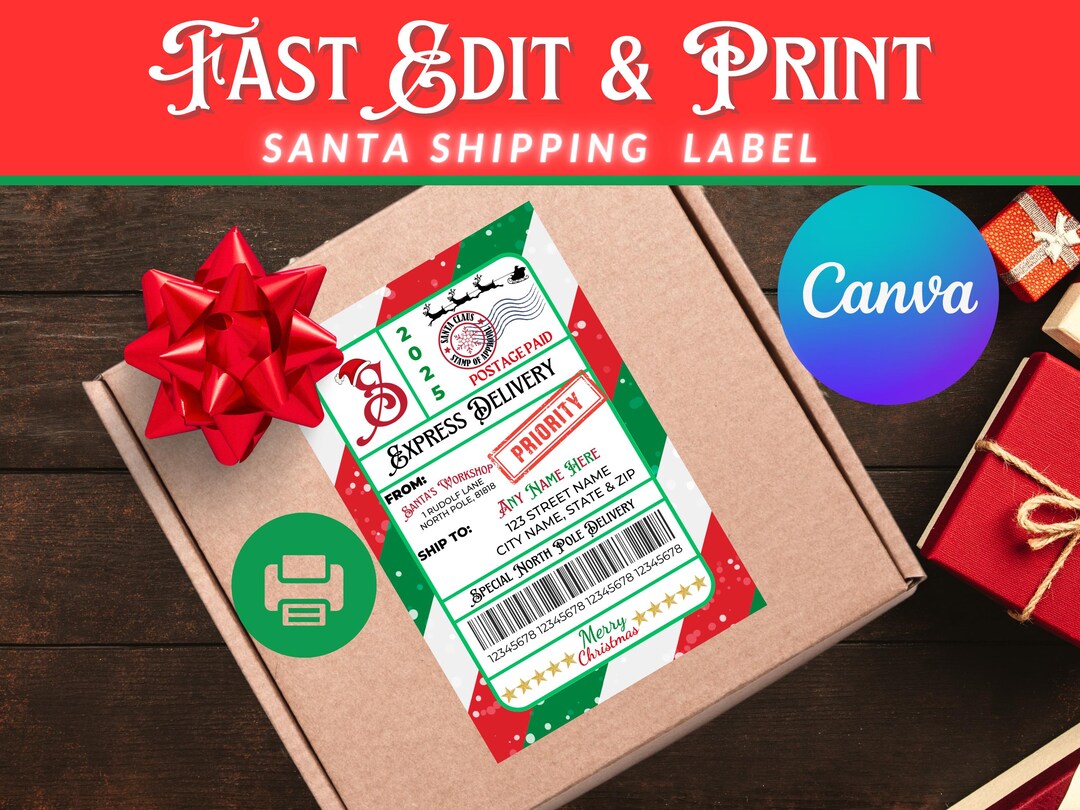 Editable Santa Shipping Label Canva Template | Personalized North Pole ...