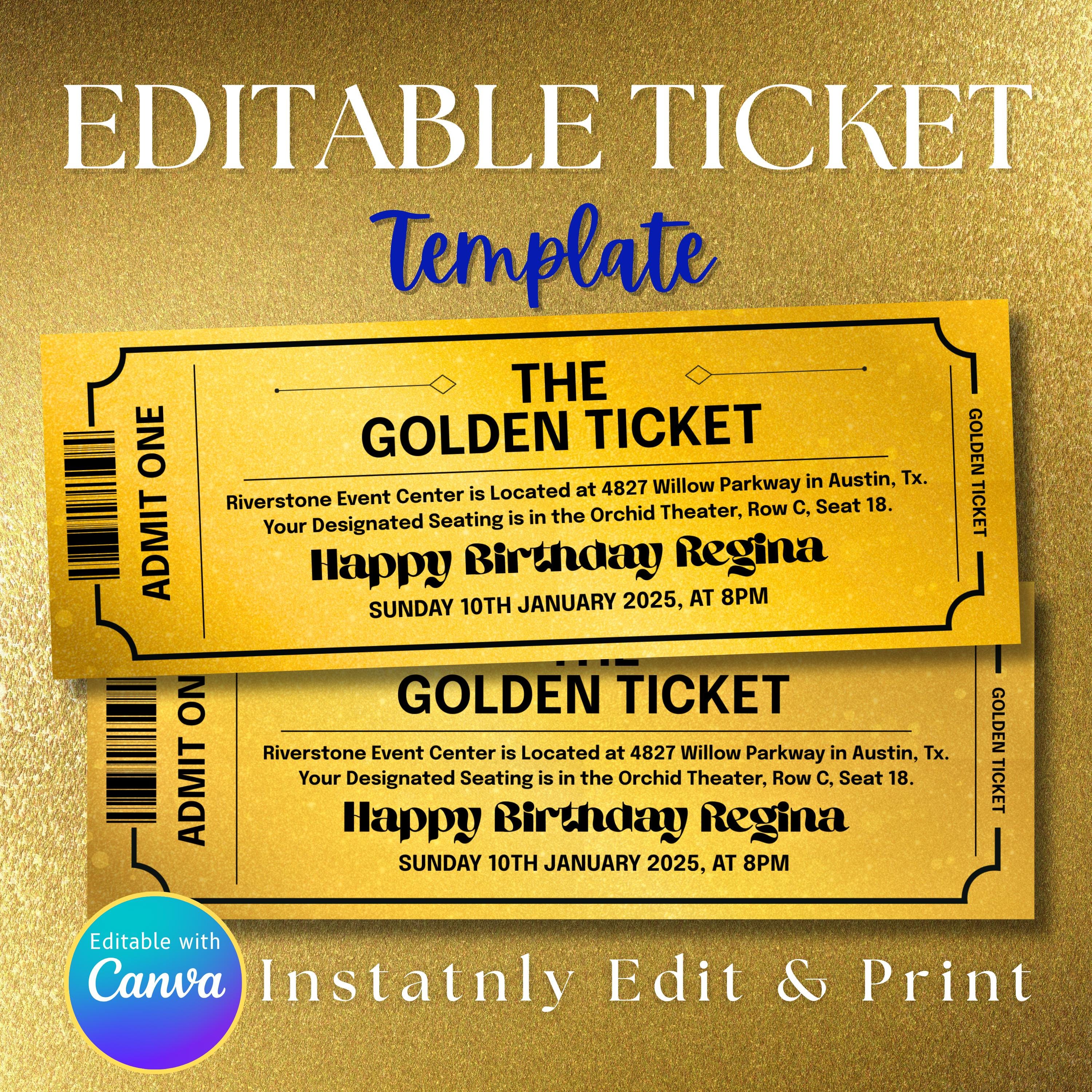 Golden Ticket Template, Printable Golden Ticket Editable Template ...