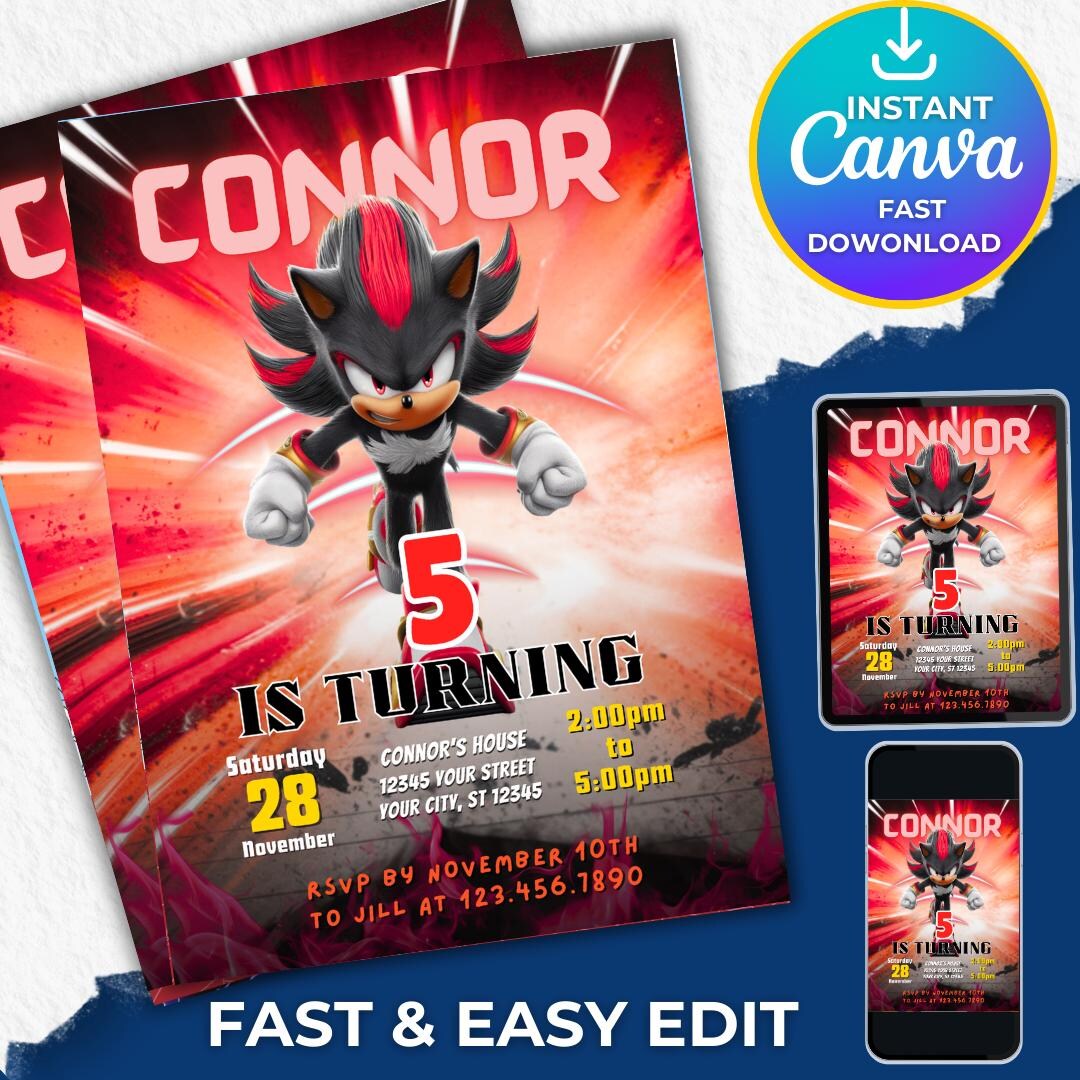 Sonic 3 Birthday Invitation, Super Hedgehog Boys Party Invite, Super ...