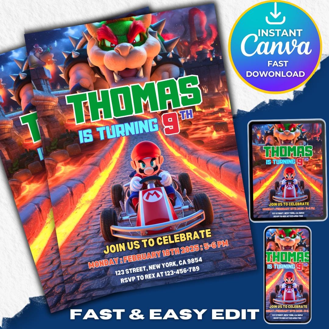 Editable Mario Kart Birthday Invitation: Printable Party Template ...