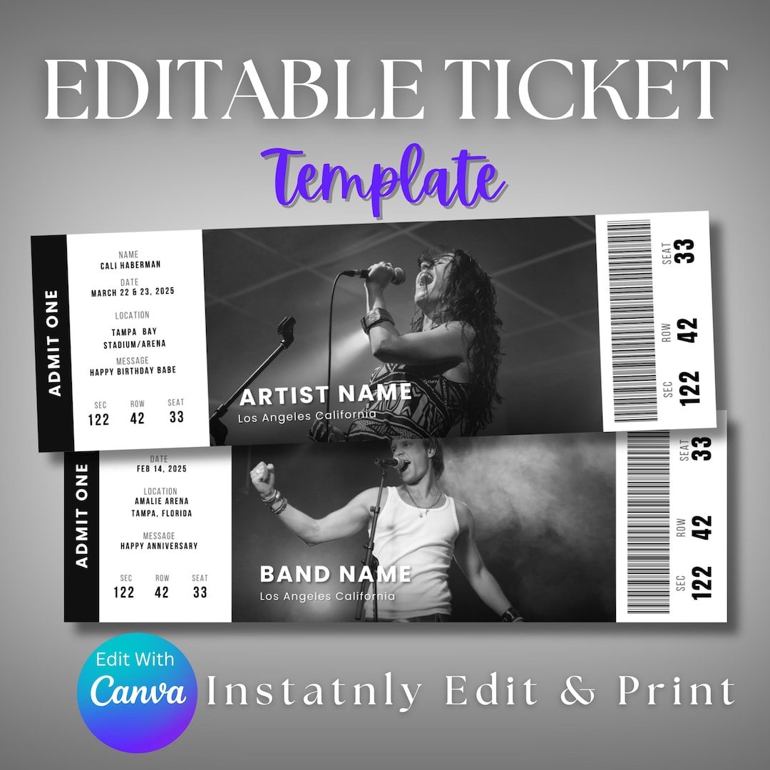 Editable Concert Ticket Canva, DIY Tickets Template, Printable Custom ...