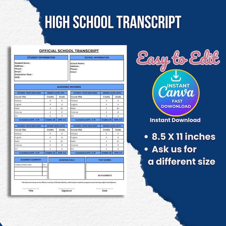 Fillable High School Transcript Template: Editable Canva Design (digital Download) - Etsy
