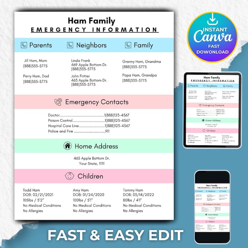 Editable Emergency Information Sheet: Babysitter/nanny Contact Template ...