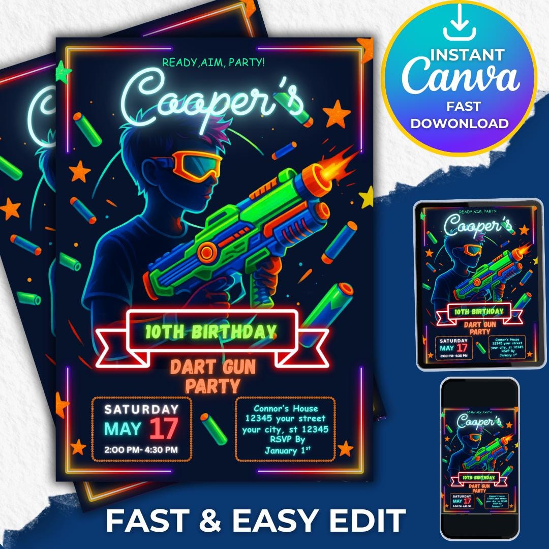Dart Gun Birthday Invitation Template – Editable Action Party (canva ...