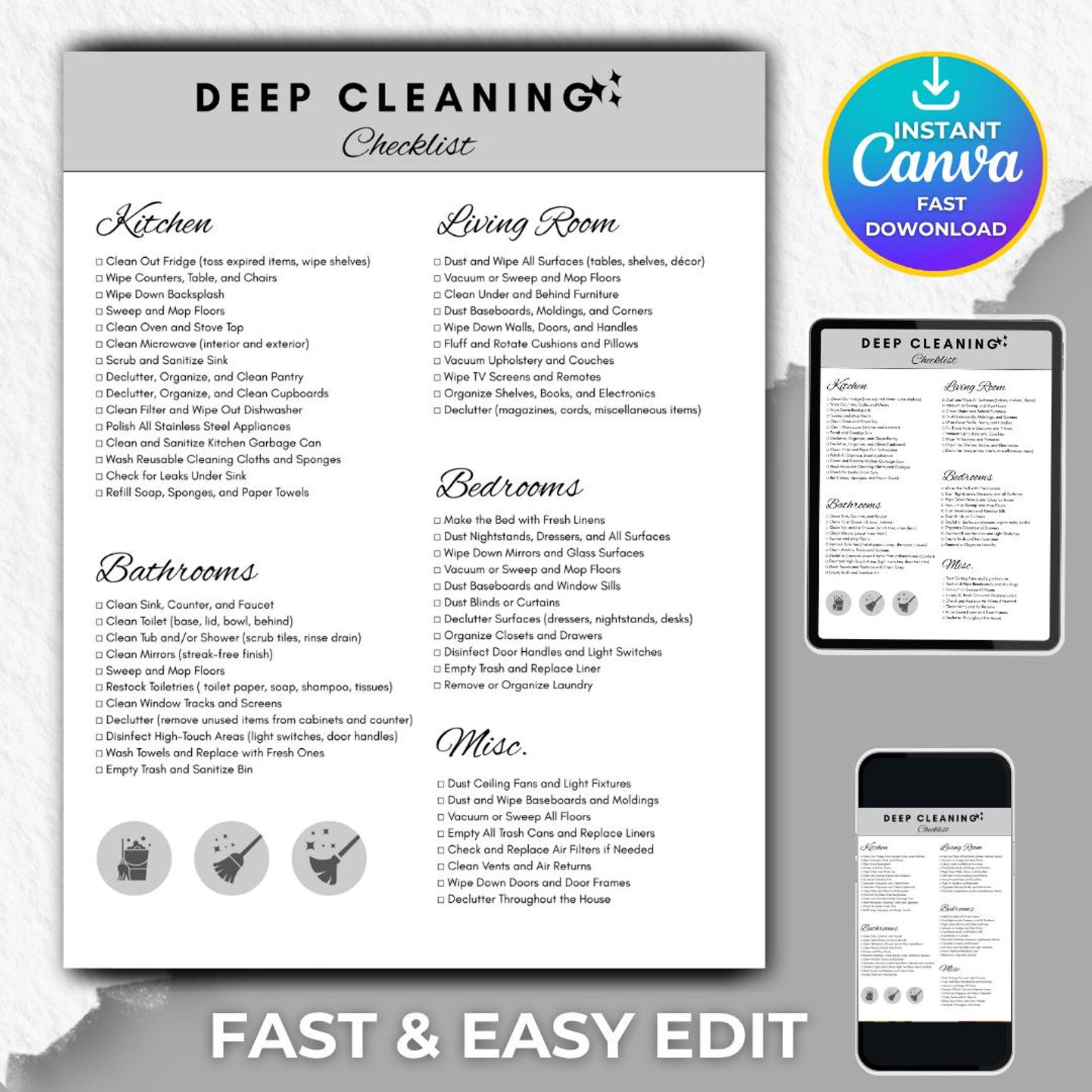 Editable Deep Cleaning Checklist Template, Minimalist Cleaning Schedule ...