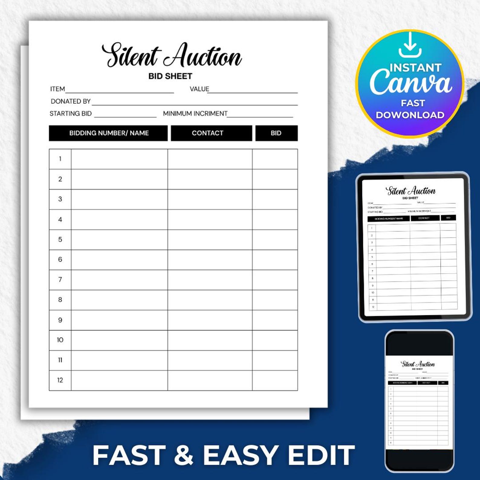 Editable Silent Auction Bid Sheet: Printable Fundraiser Template (US ...