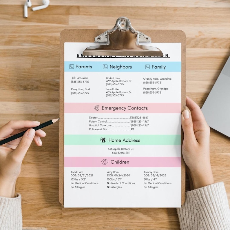 Editable Emergency Information Sheet: Babysitter/nanny Contact Template ...