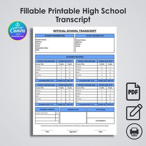 Fillable High School Transcript Template: Editable Canva Design ...
