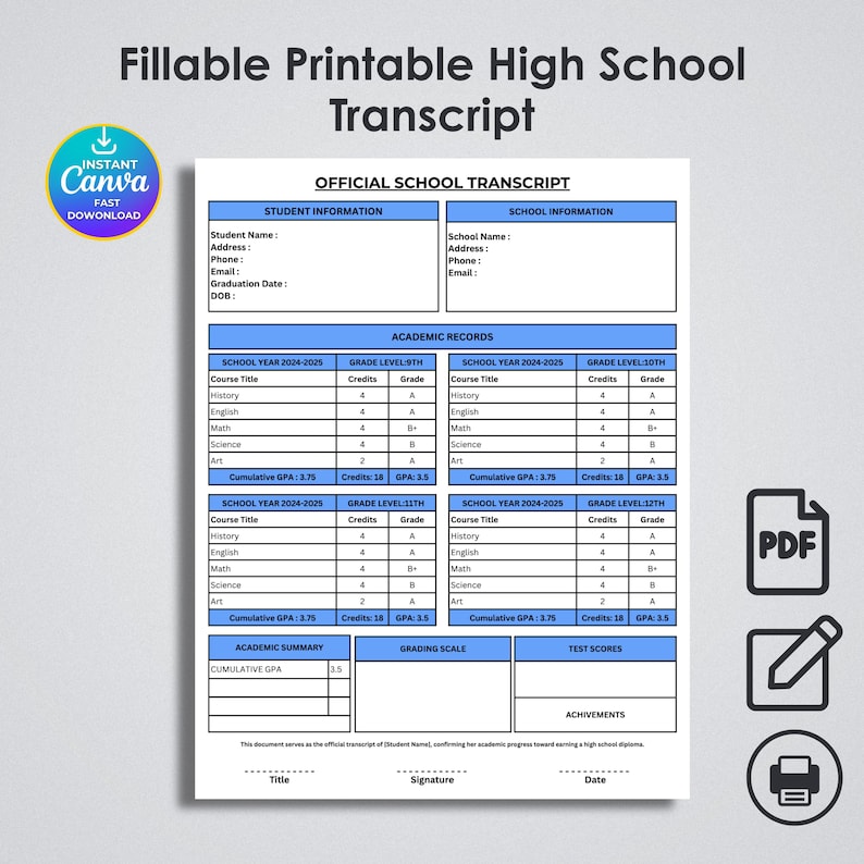 Fillable High School Transcript Template: Editable Canva Design (digital Download) - Etsy