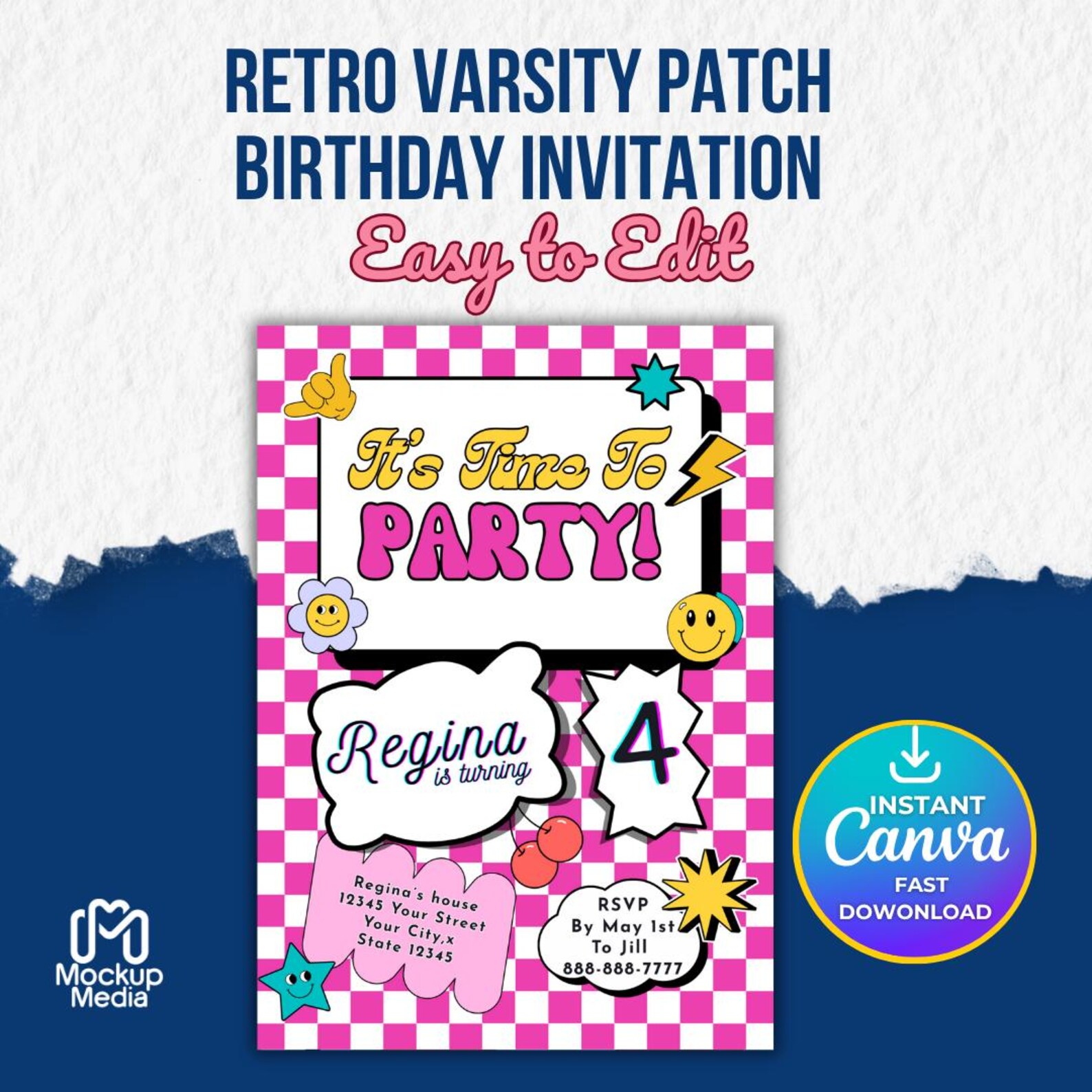 Retro Varsity Birthday Invitation: Preppy Patch, Smiley Face (editable ...